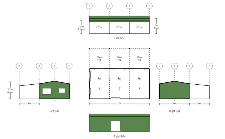 10m x 12m x 3m Region C Triple Bay Shed with 4m Awning