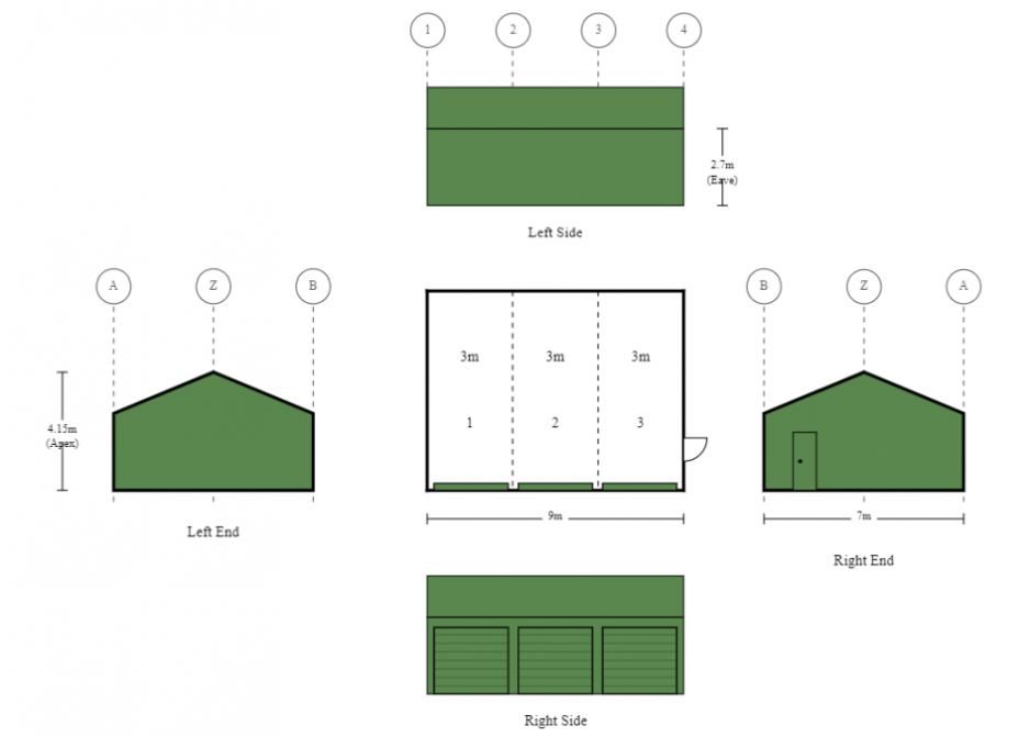 7m x 9m x 2.7m Triple Bay Colorbond Shed with 3 Roller Doors and 1 PA ...