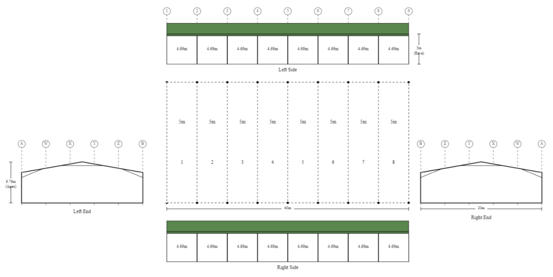 20m x 40m x 5m Region C Large Narrow Roof Only Shed
