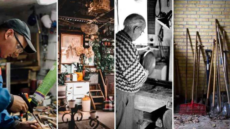 4 photos in one frame of people doing thinsg in sheds and shed ...