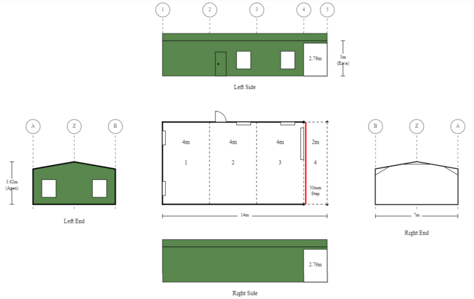 7m x 14m x 3m Region C 4 Bay Shed With Roof Ventilators and PA Door