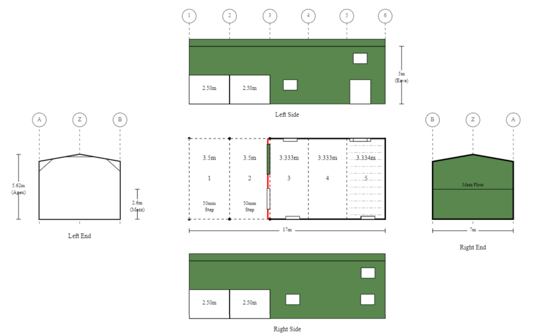 7m x 17m x 5m Region B Workshop Shed with Mezzanine Floor, and a Roller ...