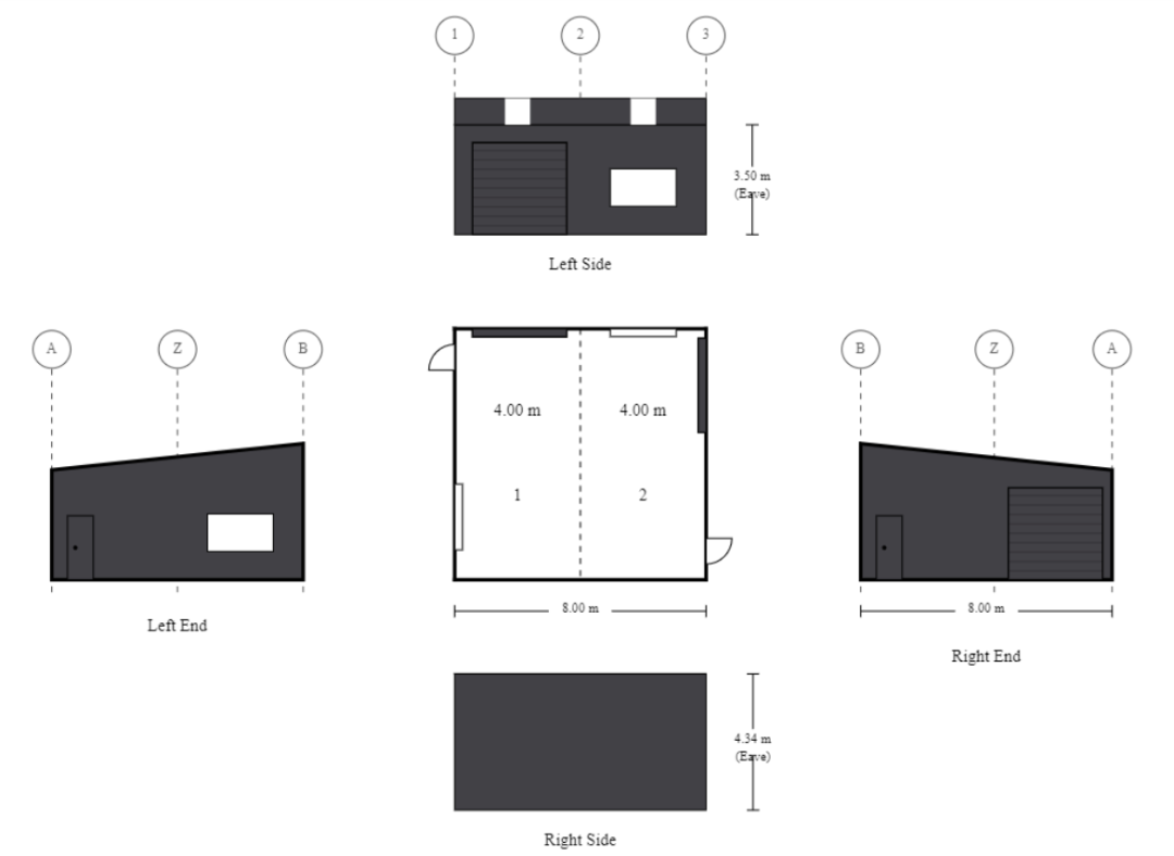 8m x 8m x 3.5m Skillion Roof Workshop Shed With Skylights, 2 Roller ...